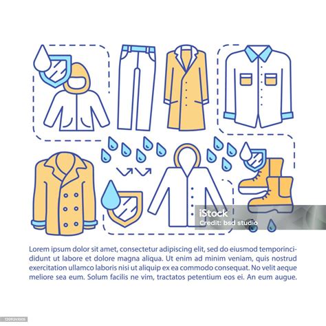방수 의류 기사 페이지 벡터 템플릿입니다 브로셔 잡지 선형 아이콘과 텍스트 상자소책자 디자인 요소 소수성 직물 인쇄 디자인