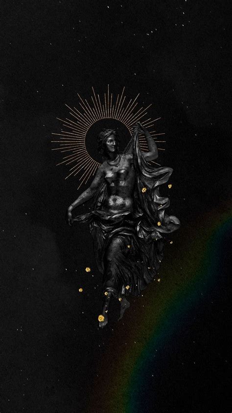 The Statue Is Surrounded By Gold Coins And A Rainbow In The Sky With