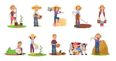 농부 문자 농업 농부 수확 노동자와 소 만화 농업 작업 농장 사업가 괜찮은 벡터 세트 수확 개체 그룹에 대한 스톡 벡터 아트 및 기타 이미지 Istock
