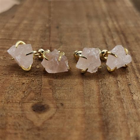 Raw Small Rose Quartz Stud Earrings Rough Crystal Earrings Etsy