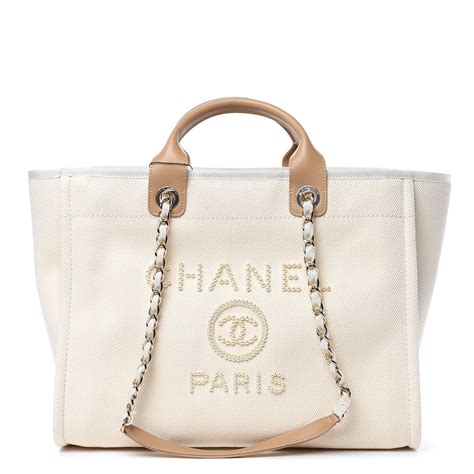 CHANEL Canvas Pearl Large Deauville Tote Ecru Beige