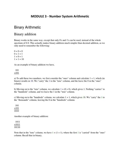 Binary Arithmetic Binary Addition Module 3 Number System Arithmetic Pdf Division