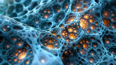 Premium Photo Intricate Blue Organic Mesh Structure With Glowing Orange Cores