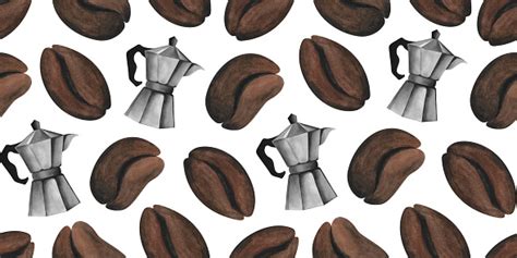 수채화 커피 콩과 커피 메이커 완벽 한 패턴 이탈리아어 모카 냄비 메뉴 카페 디자인 커피 포장지 벽지 로고 갈색 콩 인쇄 양조 커피 에스프레소 배경 0명에 대한 스톡 벡터