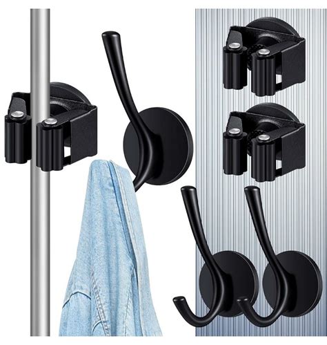 Vercraft 4 Pcs 마그네틱 더블 후크 마그네틱 코트 후크 마그네틱 걸레 빗자루 홀더 차고 주방 세탁 티몬