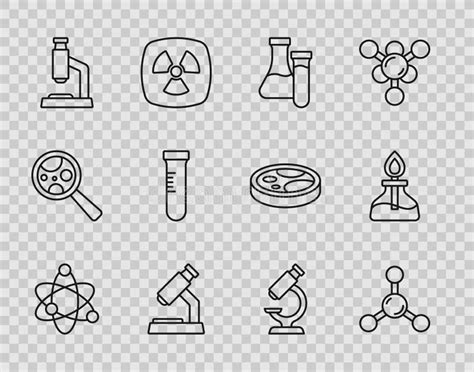 Set Line Atom Molecule Test Tube Microscope And Alcohol Or Spirit