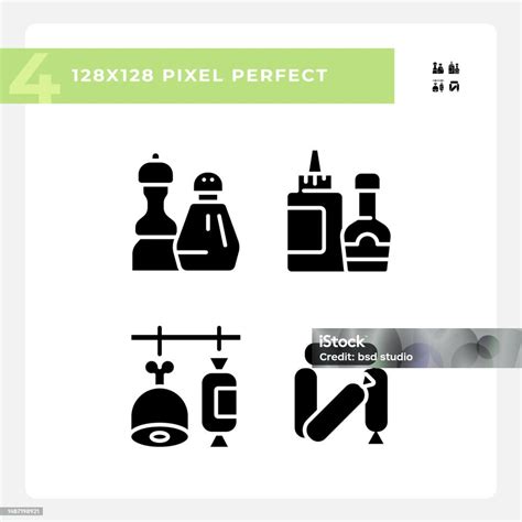 바베큐 음식 픽셀 완벽한 검은색 글리프 아이콘이 공백에 설정됨 가득 찬에 대한 스톡 벡터 아트 및 기타 이미지 가득 찬