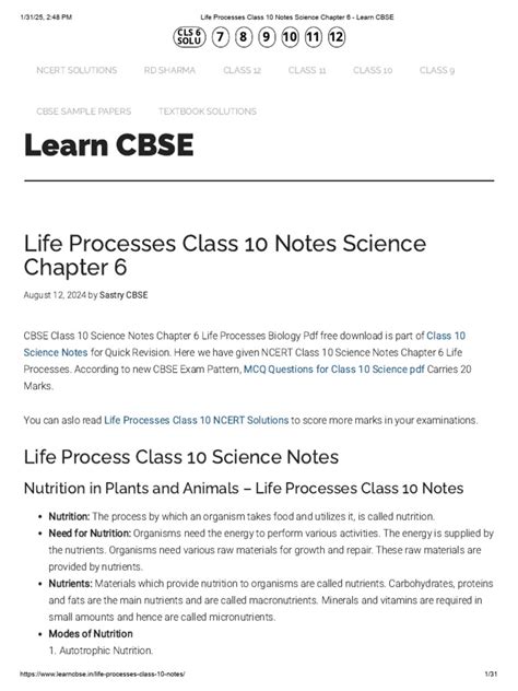 Life Processes Class 10 Notes Science Chapter 6 Learn Cbse Pdf