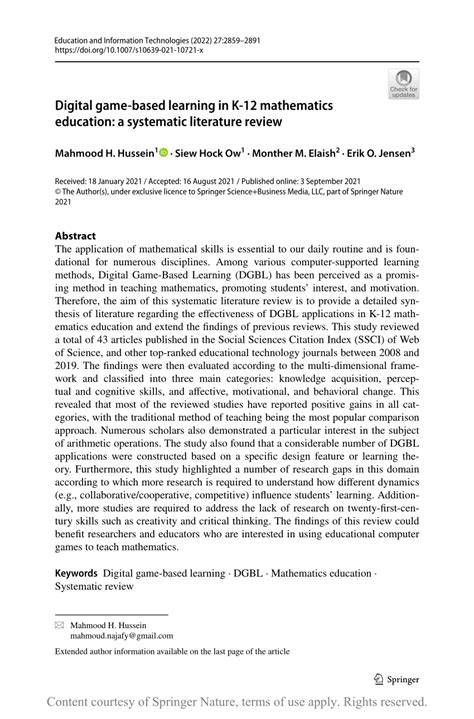 Digital Game Based Learning In K 12 Mathematics Education A Systematic Literature Review