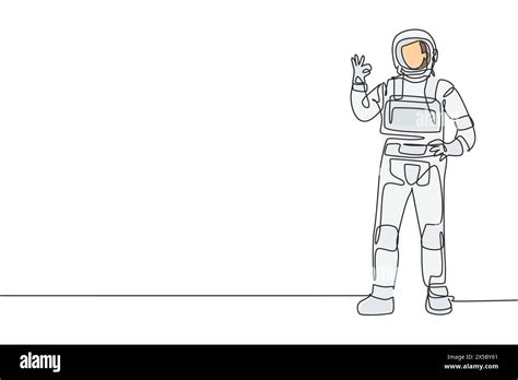 Single Continuous Line Drawing Astronaut Stands With Gesture Okay Wearing Space Suit Exploring