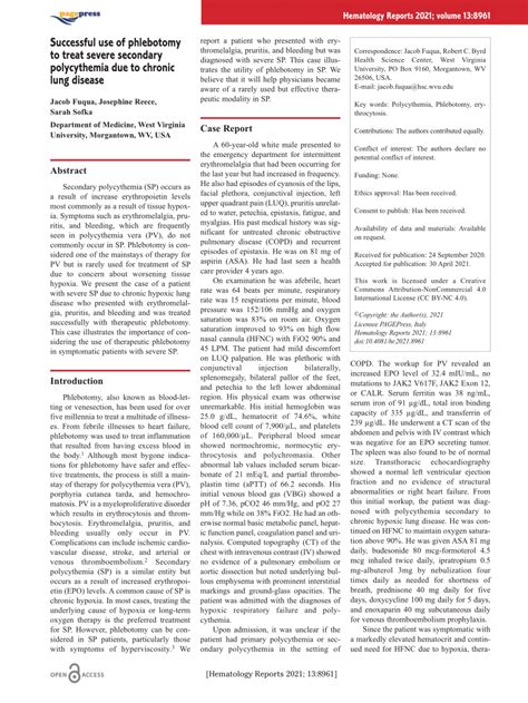 Pdf Successful Use Of Phlebotomy To Treat Severe Secondary