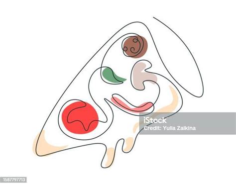 하나의 연속적인 선으로 피자 조각을 그립니다 한 줄의 패스트 푸드 따뜻한 저녁 식사 미니멀리즘 낙서 이탈리아 음식 피자 가게 로고 추상적인 색상 그림입니다 고기에 대한 스톡