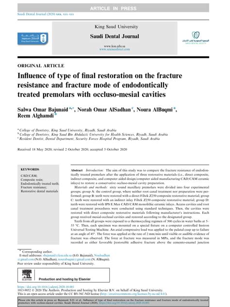Influence Of Type Of Final Restoration On The Fracture Resistance And Fracture Mode Of