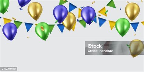 아름답게 배열 된 파란색 금색 및 녹색 풍선이 있는 축하 배경입니다 벡터 3d 일러스트 디자인 3차원 형태에 대한 스톡 벡터 아트 및 기타 이미지 Istock
