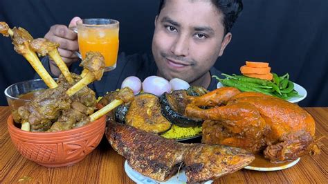 Eating Spicy Hilsa Fish Fry Whole Chicken Mutton Nalli And Brinjal Fry