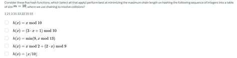 Solved Consider These Five Hash Functions Which Select All Chegg