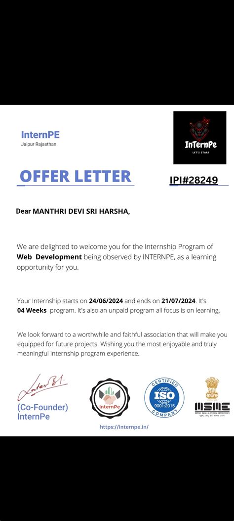 Intern In Internpe Manthri Devi Sri Harsha