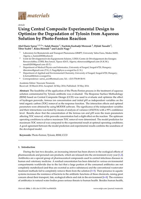 Using Central Composite Experimental Design To Optimize The Degradation Of Tylosin From Aqueous