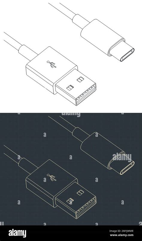 Stylized Vector Illustrations Of Blueprints Of USB Type A To USB Type C Cable Stock Vector Image