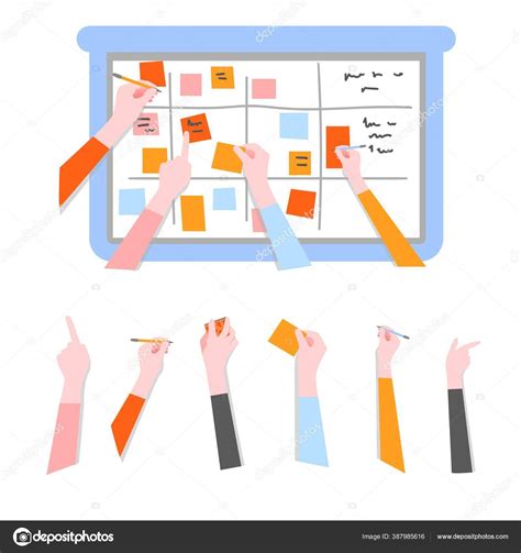 Scrum Task Board Set With Human Hands Holding Colorful Sticky Papers And Markers And Board For