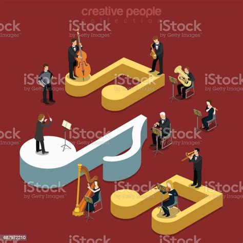 클래식 경 음악 오케스트라 콘서트 평면 3d 아이소메트리 아이소메트릭 음악 쇼 콘서트 개념 웹 벡터 일러스트 레이 션 거 대 한 노트에 마이크로 클래식 음악가 밴드 크리에이