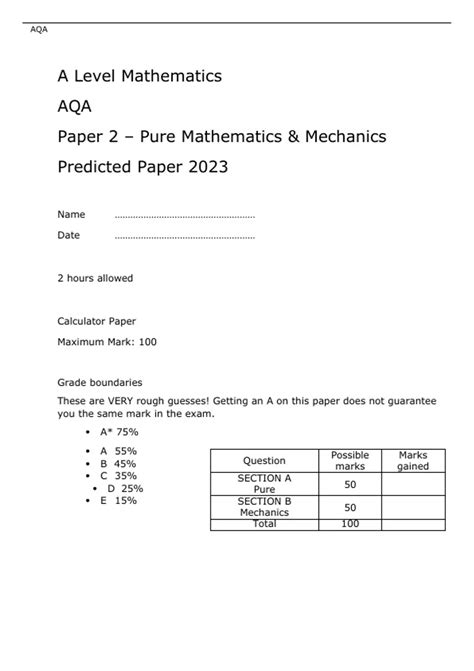 AQA A Level Mathematics Paper Predicted Paper Pure Mathematics Mechanics Questions