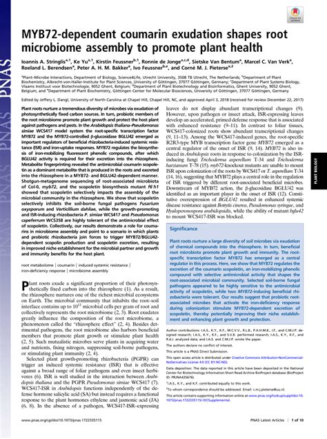 Pdf Myb72 Dependent Coumarin Exudation Shapes Root Microbiome