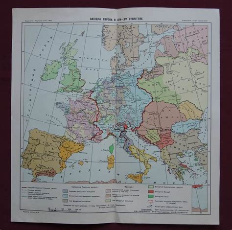 Cccp Map Western Europe 14 15 Centuries Soviet School Poster Big Old