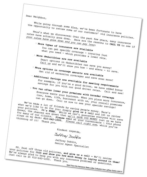 Insurance Sales Letters Free Sample Letter Jeffrey Dobkin