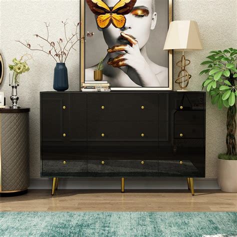 FUFU GAGA Black Mirror Finished Wooden 9 Drawer 55 1 In W Dresser
