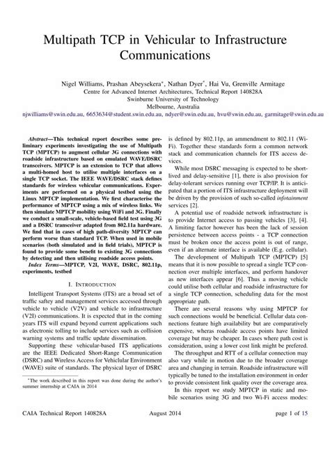 pdf multipath tcp in vehicular to infrastructure communications
