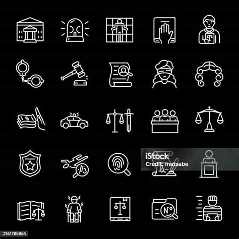 법률 시스템 흰색 선 아이콘 법원 판결 및 법 집행 기호 법률 및 시민 테마에 이상적입니다 검은 배경에 기호 편집 가능한 스트로크 검은색에 대한 스톡 벡터 아트 및 기타