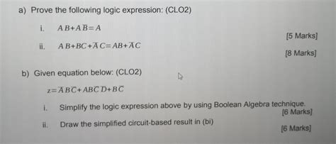 Solved A Prove The Following Logic Expression Clo2 I