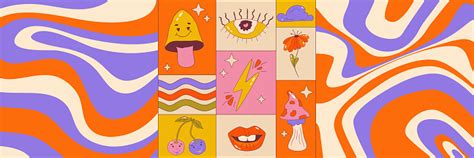 복고풍 그루비 웨이브로 설정된 트리피 그래픽 포스터 입술 꽃 버섯 파도가 있는 포스터 광장 트리피 그루비 70년대 그래픽 만화