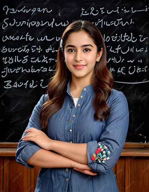 A Portrait Of Female Teacher Standing In Front Of The Blackboard With
