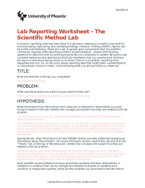 Scientific Method Lab Report Bio290 V Lab Reporting Worksheet The