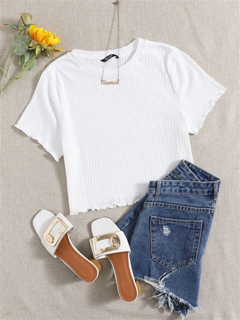SHEIN Plus Lettuce Trim Rib Knit Tee Waffle Knit Top Knit Tees Knit Top