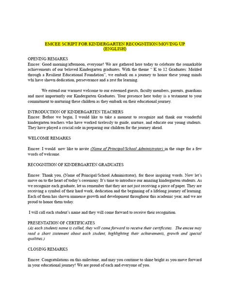 Emcee Script For Kindergarten Recognition English 085301 Pdf