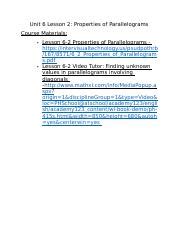 Geometry Unit 6 Lesson 2 Docx Unit 6 Lesson 2 Properties Of Parallelograms Course Materials