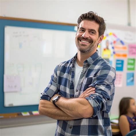 Portrait Of Confident Caucasian Male Teacher In Classroom Premium Ai