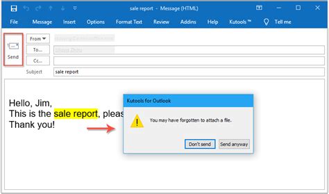 Pop Up A Reminder Based On Specific Text When Forgetting Attachments In Outlook