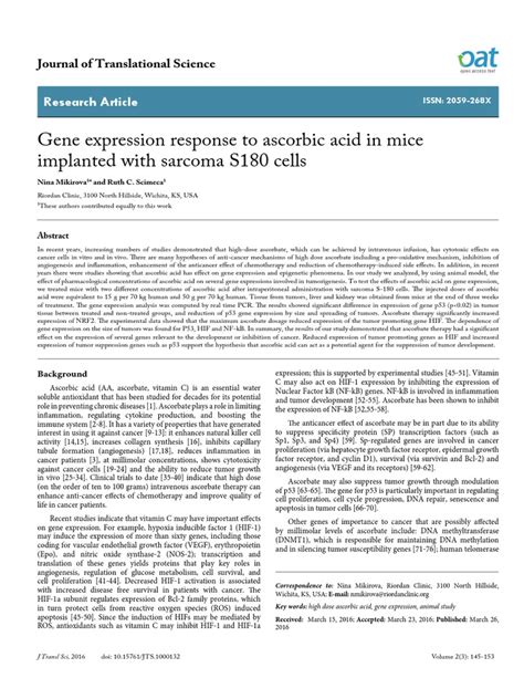 April 2016 Gene Expression Response To Ascorbic Acid In Mice Pdf