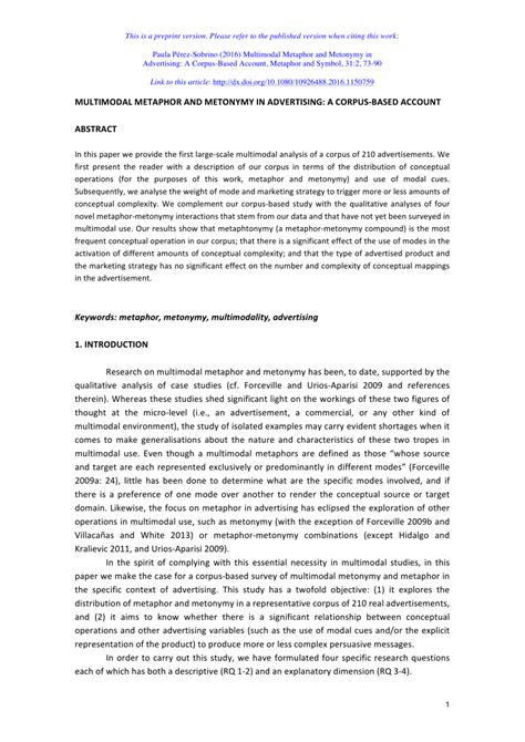 Pdf Multimodal Metaphor And Metonymy In Advertising A Corpus Based