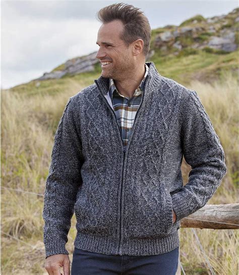Mens Fleece Lined Knitted Full Zip Jacket Blue Marl Atlas For Men