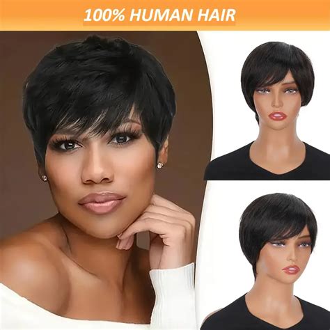 Unisex Adult Straight Pixie Cut Human Hair Wig With Bangs 150 Density