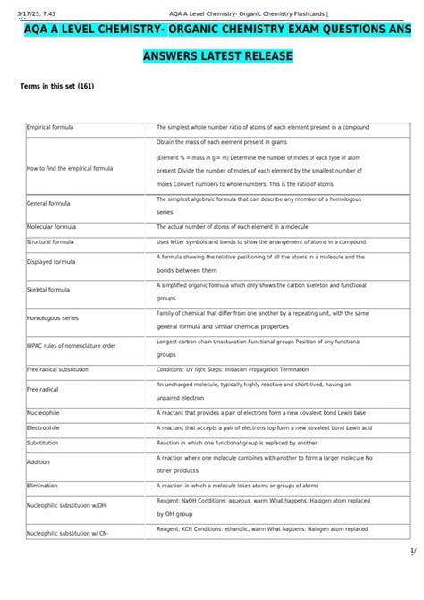 AQA A LEVEL CHEMISTRY ORGANIC CHEMISTRY EXAM QUESTIONS ANS ANSWERS LATEST RELEASE AQA A LEVEL
