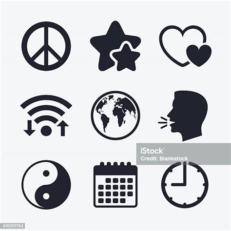 월드 글로브 아이콘크기 Ying Yang 팻말 하트 있습니다 달력에 대한 스톡 벡터 아트 및 기타 이미지 달력 라벨