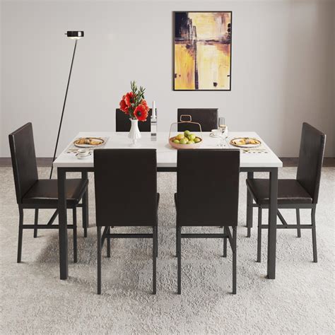 Syngar 7 Piece Dining Set Faux Marble Table 6 Pu Leather Chairs