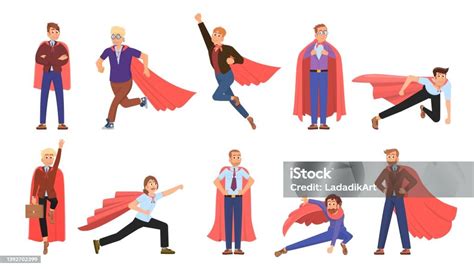 비즈니스 슈퍼 히어로 사무복을 입은 영웅 사업가는 빨간 슈퍼 케이프를 착용합니다 리더 캐릭터 고립 된 만화 사람은 목표 괜찮은 벡터 세트로 날아갑니다 슈퍼히어로에 대한 스톡