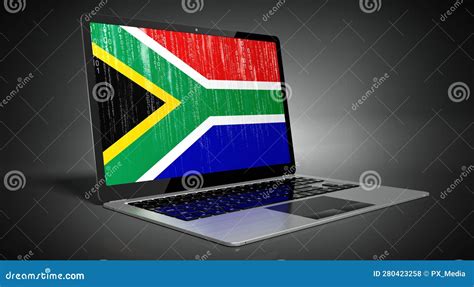 South Africa Country Flag And Binary Code On Laptop Screen Stock